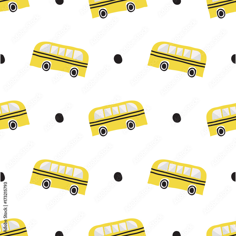 seamless hand drawn school bus with black dot pattern on white ...