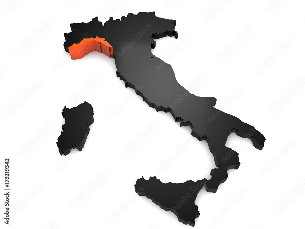 Italy 3d black and orange map, with Liguria region highlighted. 3d ...