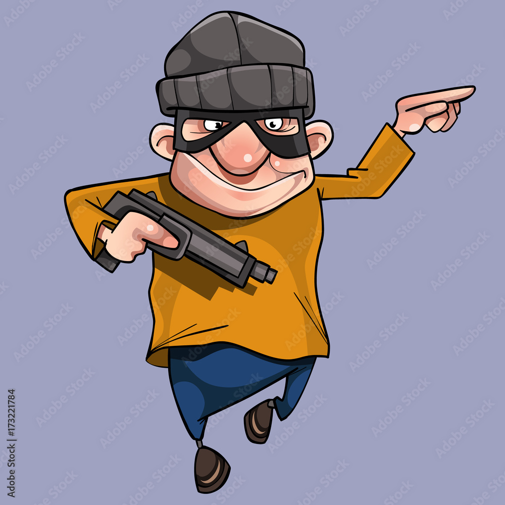 cartoon cheerful man in bandit mask with gun in hand Stock Vector ...