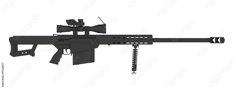 Beside view of black sniper rifle isolated on white background, 3D ...
