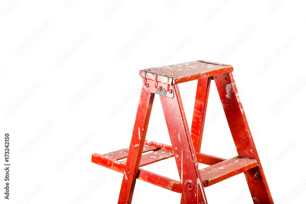 Old red ladder with paint on it from being used isolated pure white ...