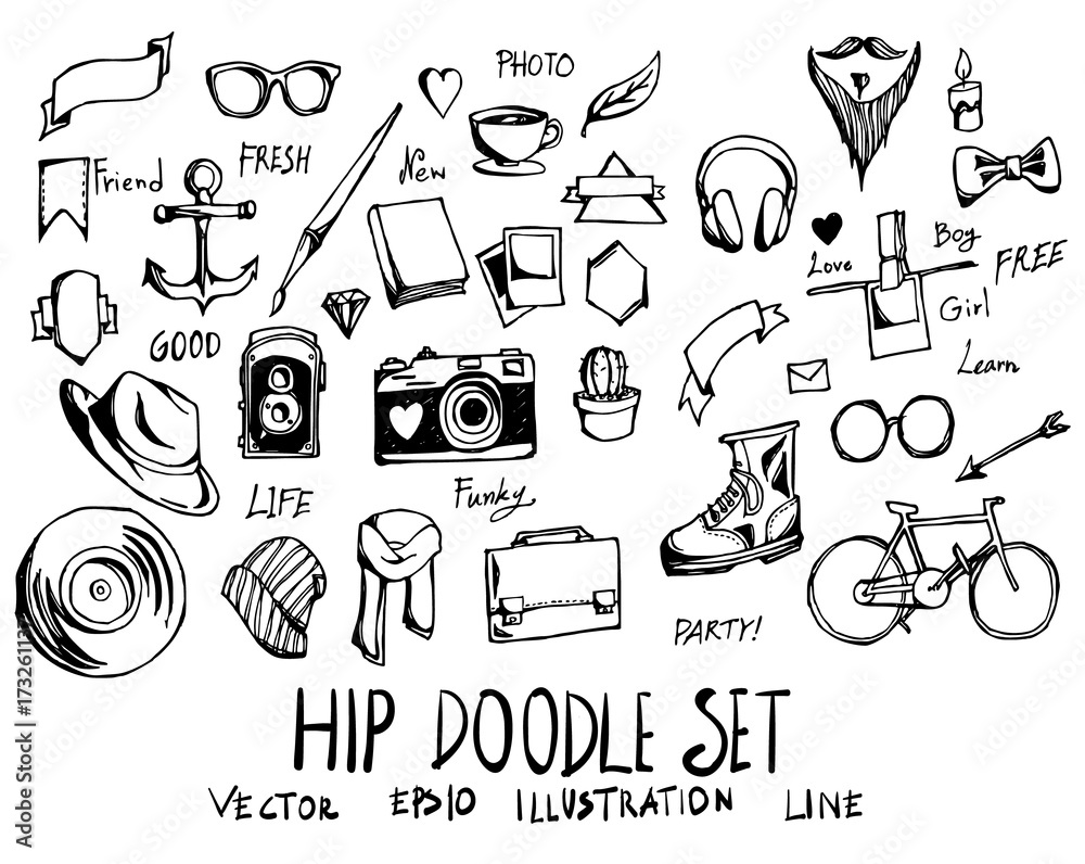 Set of Hipster doodle illustration Hand drawn Sketch line vector eps10 ...
