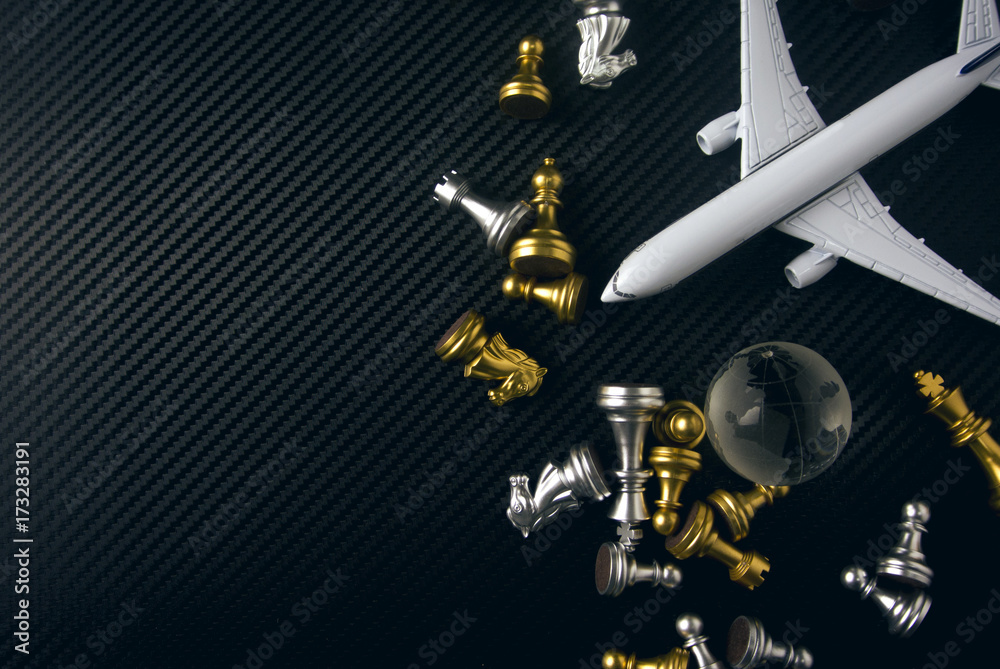 airplane with global with group of chess game in business vision ...
