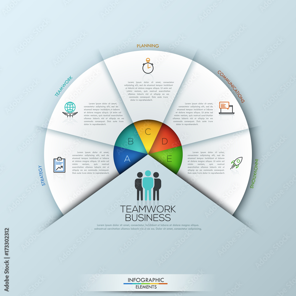 Rounded infographic design layout with 5 sectoral elements connected ...
