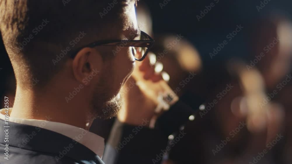 Award ceremony concept, closeup portrait of young attractive male actor ...
