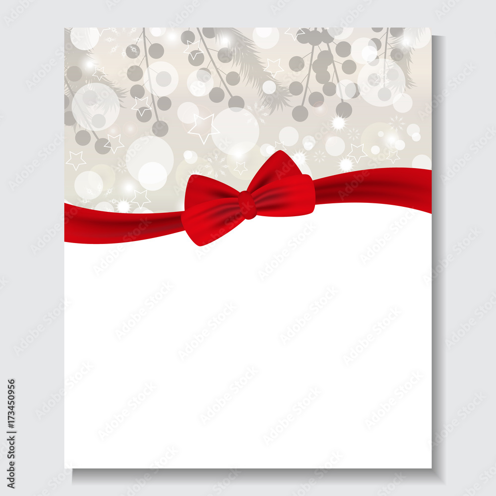 Silver holiday background with red bow for Christmas and New Year ...