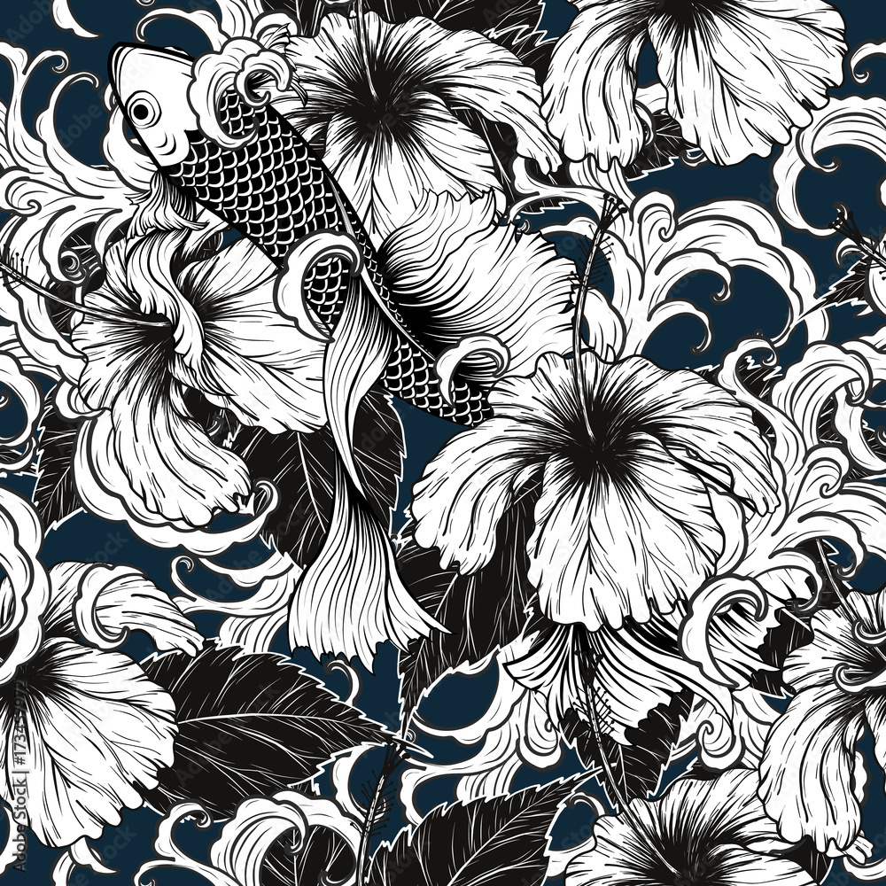 Koi fish and Hibiscus flower pattern by hand drawing.Tattoo art highly ...