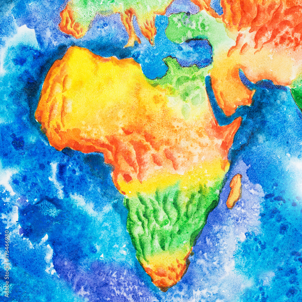 Map. Aquarelle drawing of Africa relief map. View to Earth from space ...
