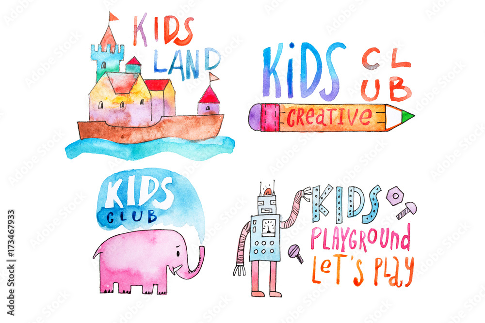 Watercolor set of kids club and playground logos. Hand-drawn collection ...