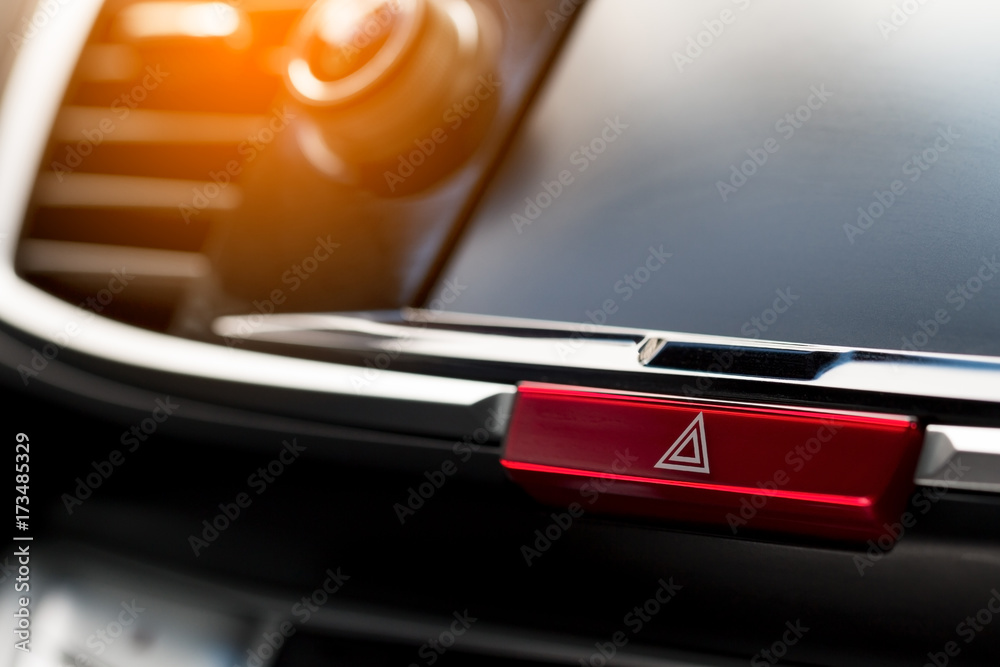 close-up of car dashboard, hazard flasher switch or emergency light ...