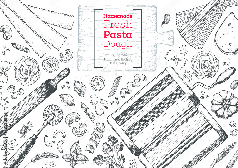 Italian pasta top view frame. Hand drawn vector illustration ...
