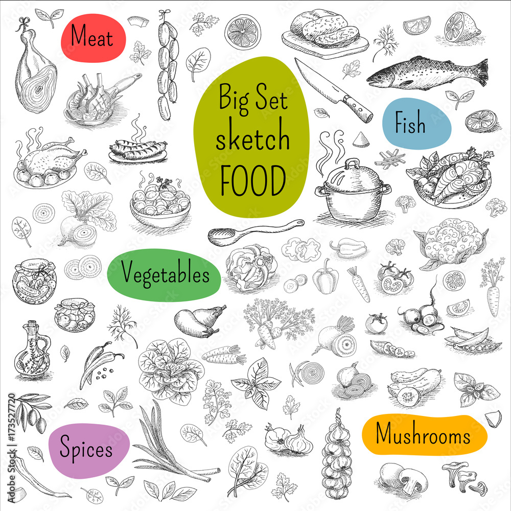 Big set of hand drawn food. Stock Vector | Adobe Stock