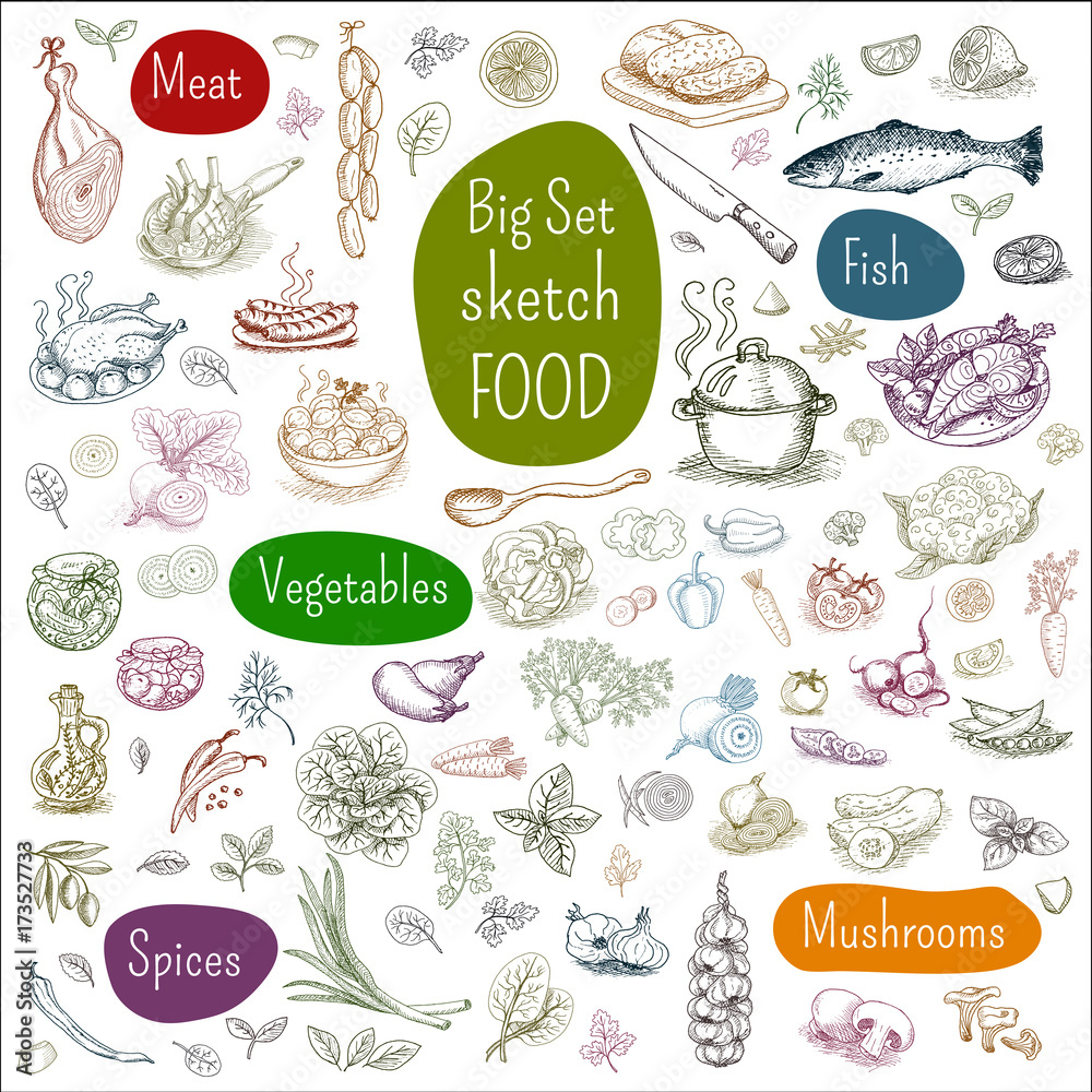 Big set of hand drawn food. Stock Vector | Adobe Stock