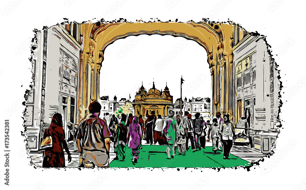 Color sketch of Golden Temple Amritsar Punjab, India in illustration ...