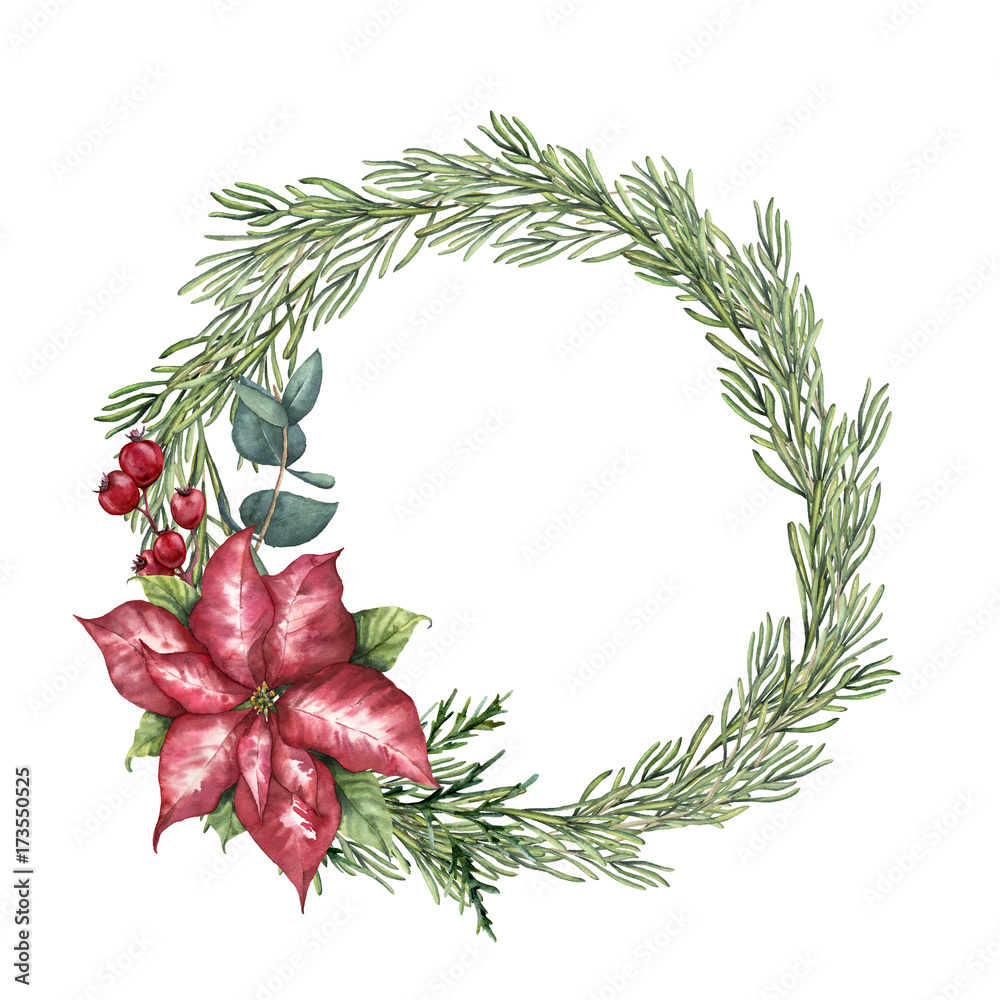 Watercolor Christmas floral wreath with rosemary. Hand painted rosemary ...