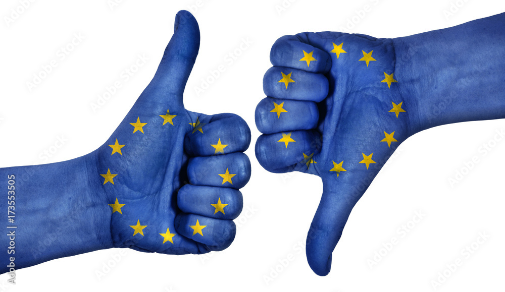 Hand with thumb up and down with the EU flag painted. Symbol of ...