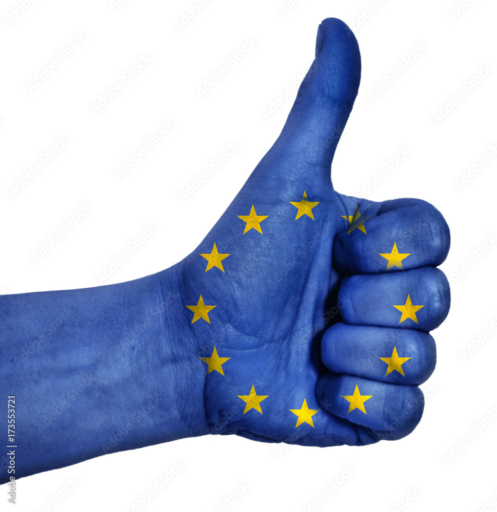 Hand with thumb up with the EU flag painted to show support for Europe ...