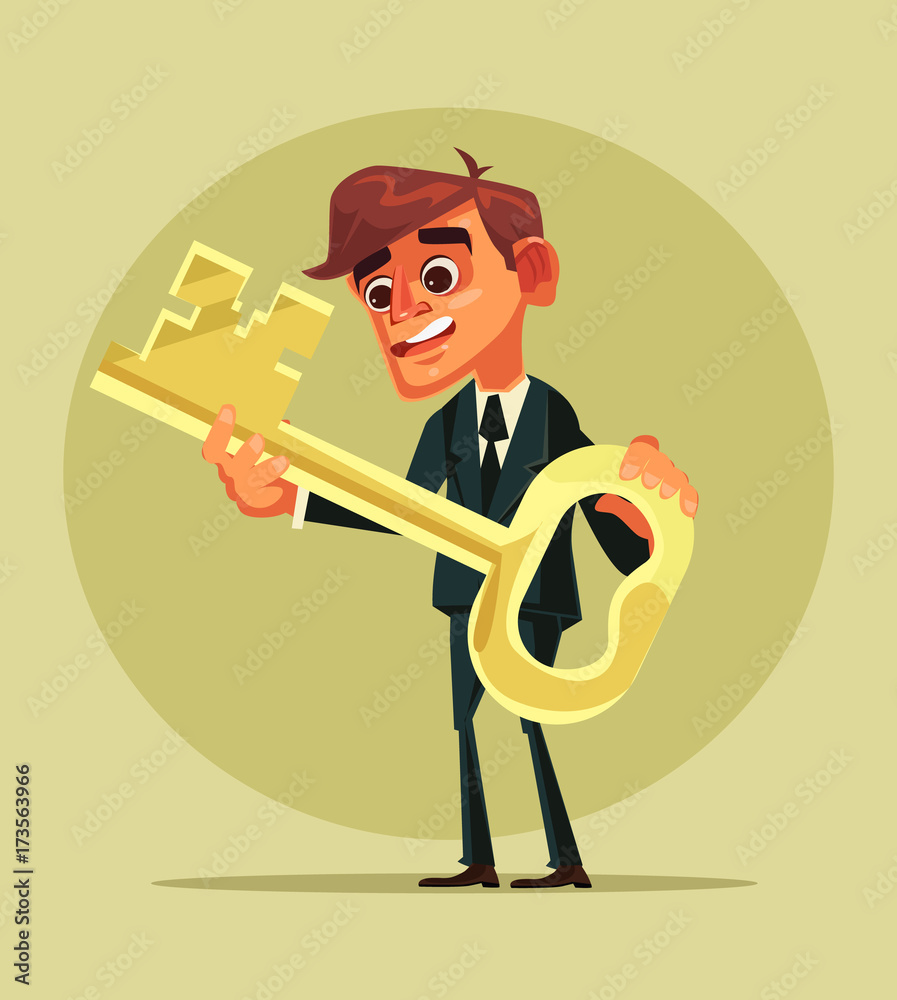 Happy smiling office worker businessman character hold golden key ...