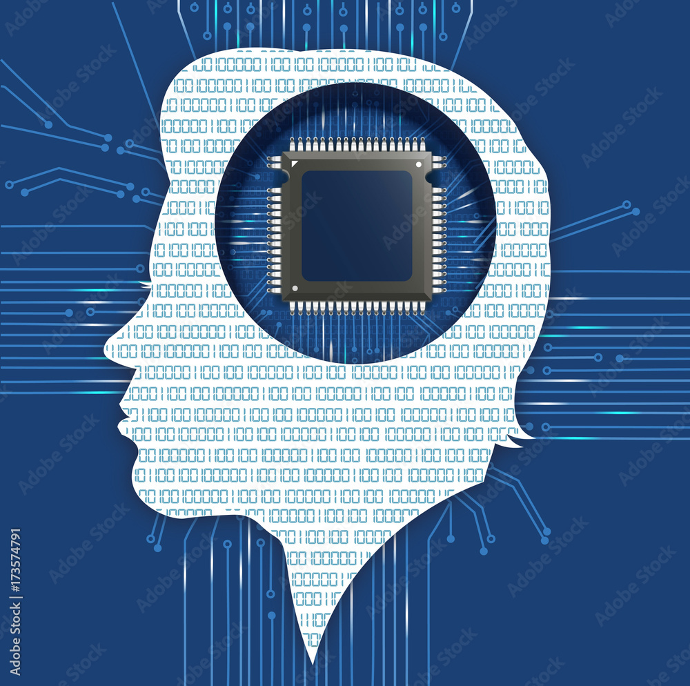 Cyborg Human Head Microchip Blue Background Stock Vector | Adobe Stock