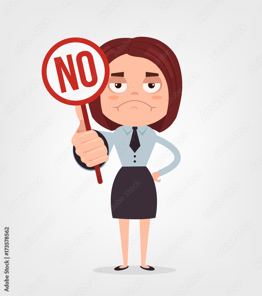Angry sad businessman office worker woman character hold no sign and ...