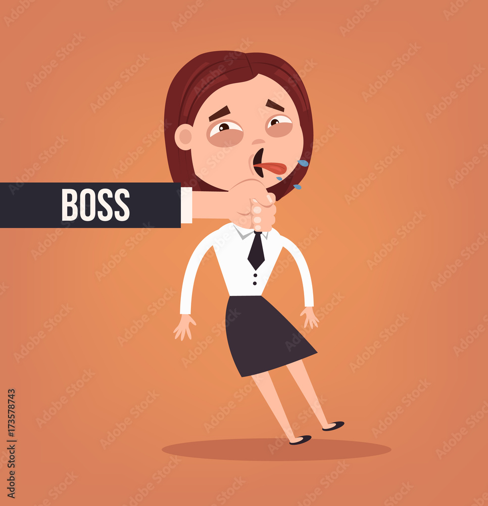 Angry sad boss hold his bad employee woman character neck. Vector flat ...