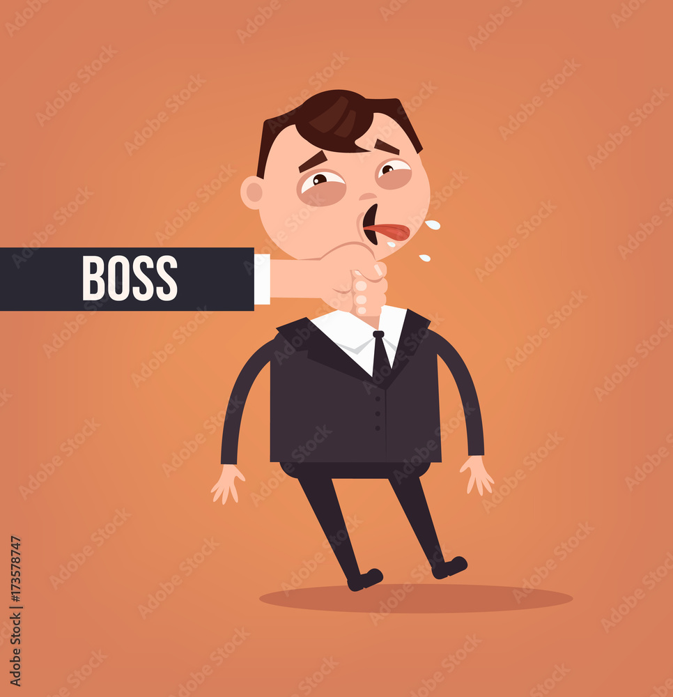 Angry sad boss hold his bad employee man character neck. Vector flat ...