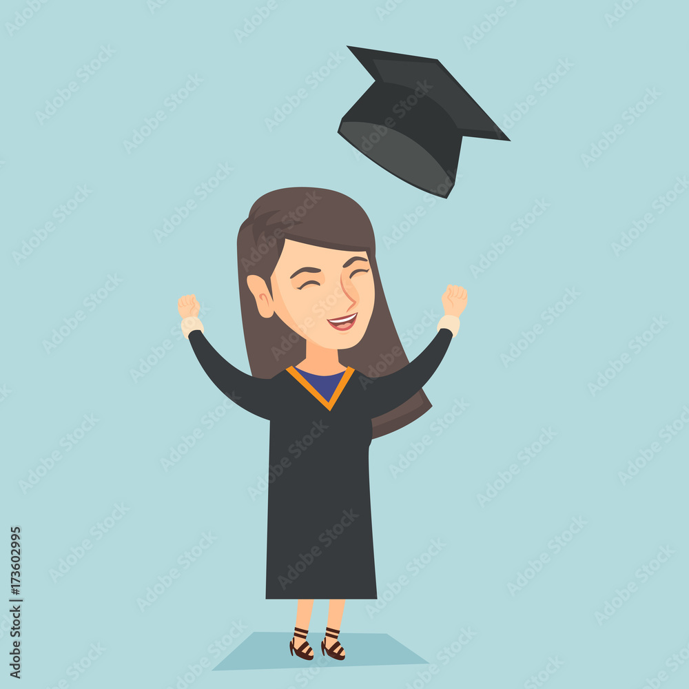 Young caucasian cheerful graduate in graduation cloak throwing up hat ...