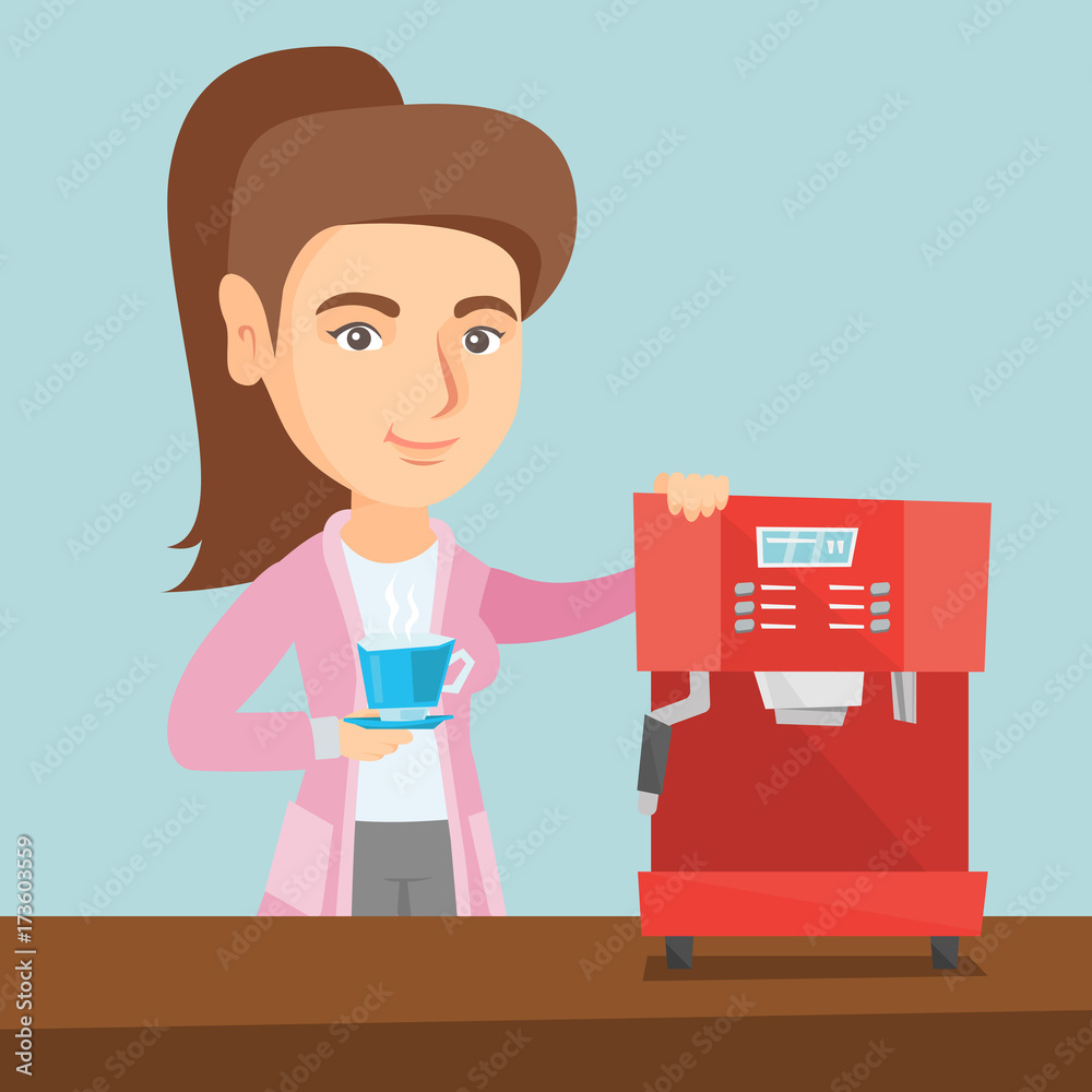 Young caucasian woman making coffee with a coffee-machine. Woman ...