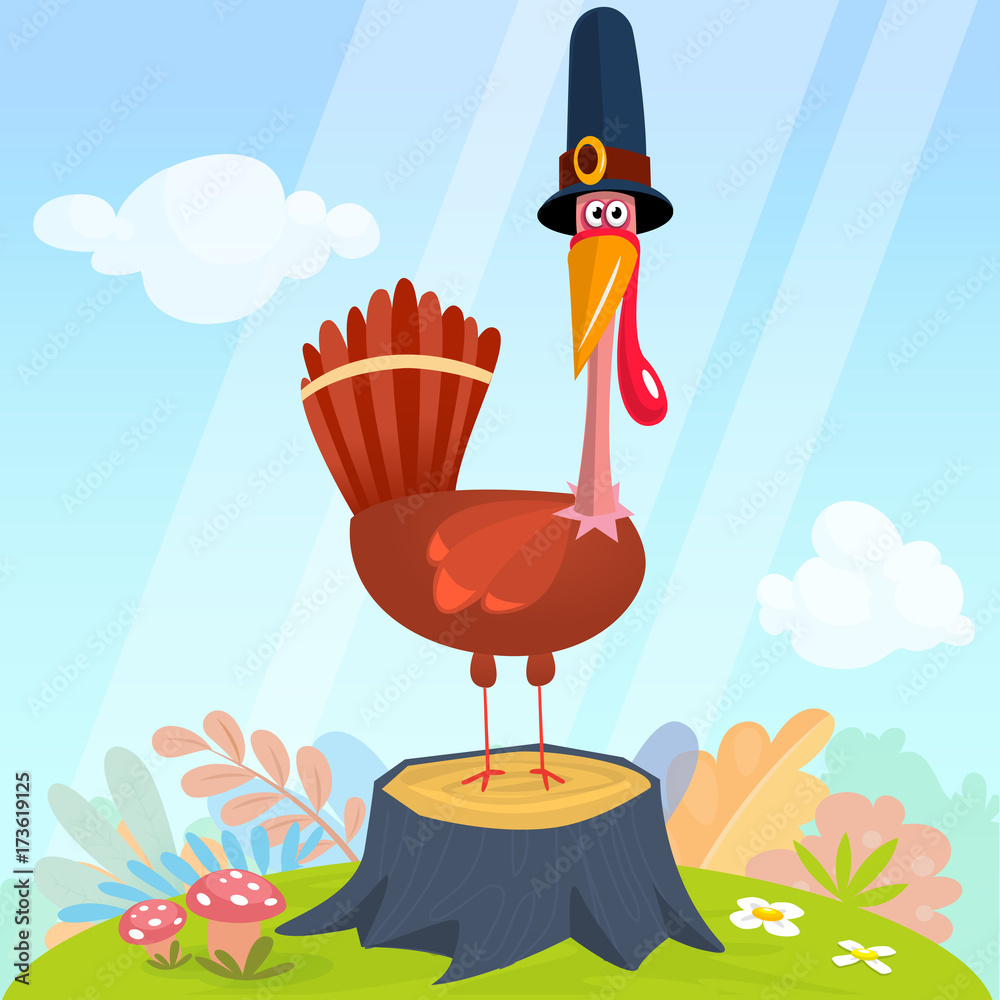 Cartoon illustration of a happy cute turkey wearing a pilgrim hat and ...