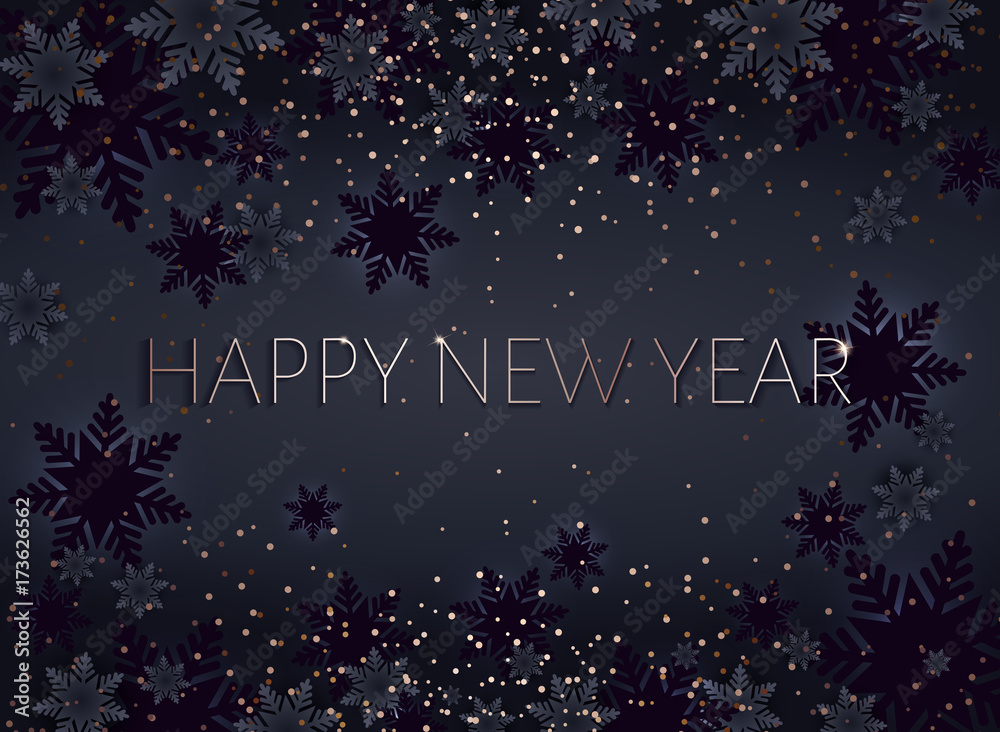 Black Happy New Year postcard. Gold inscription. Xmas banner. Strict ...