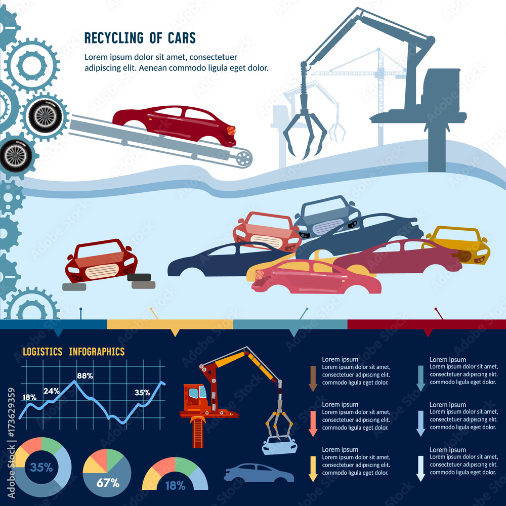 Car recycling infographic. Industrial crane claw grabbing old car for ...
