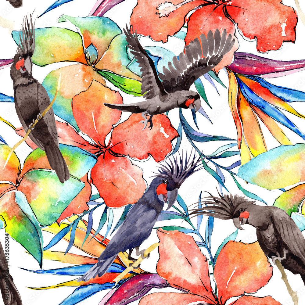 Sky bird white macaw parrot pattern in a wildlife by watercolor style ...