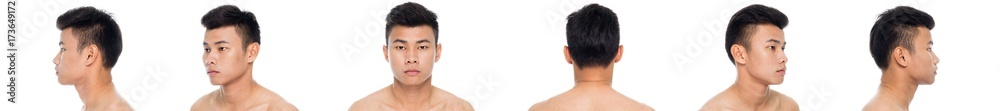 collage of a young handsome man face close up portrait studio on white ...