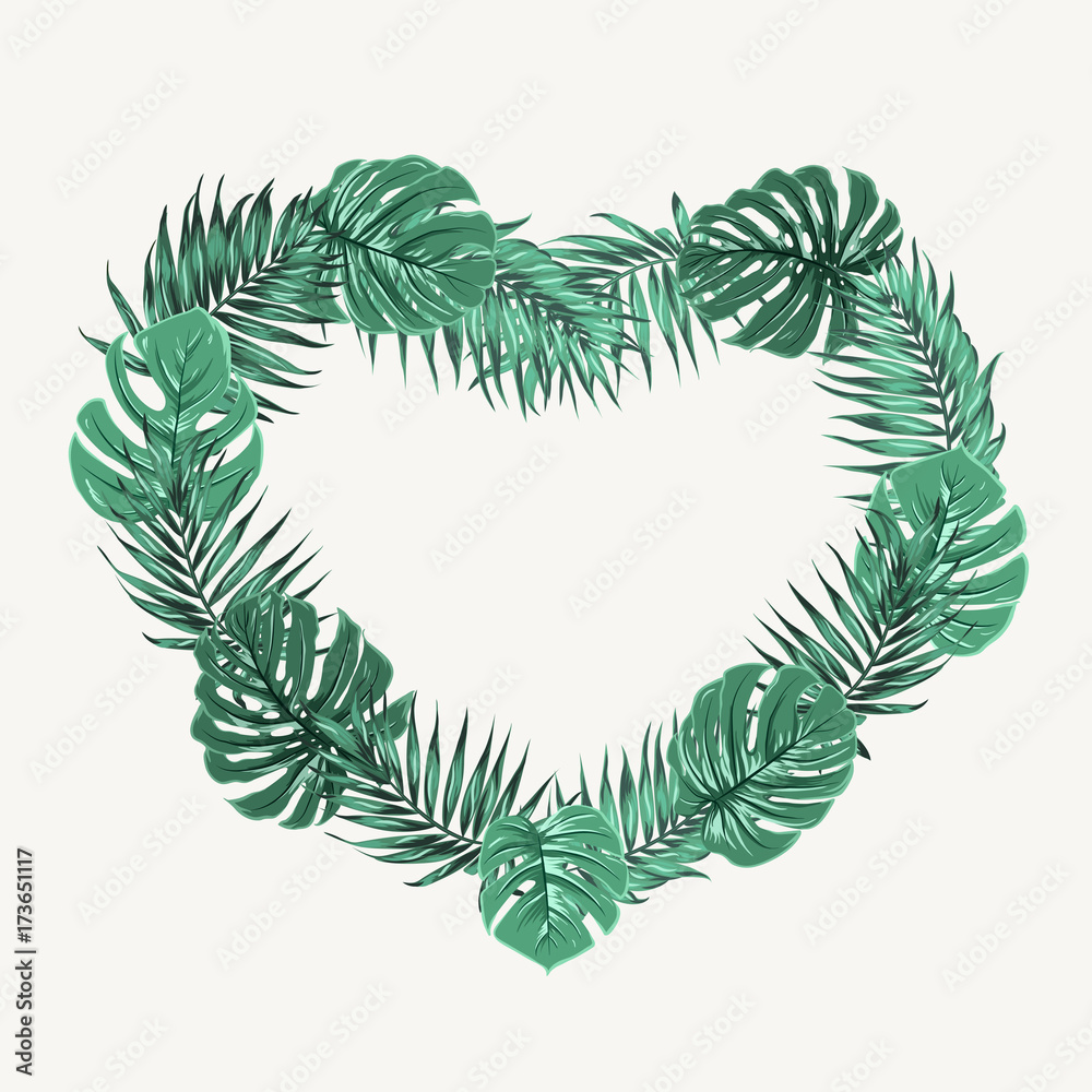 Heart shape border frame of bright green exotic tropical jungle ...