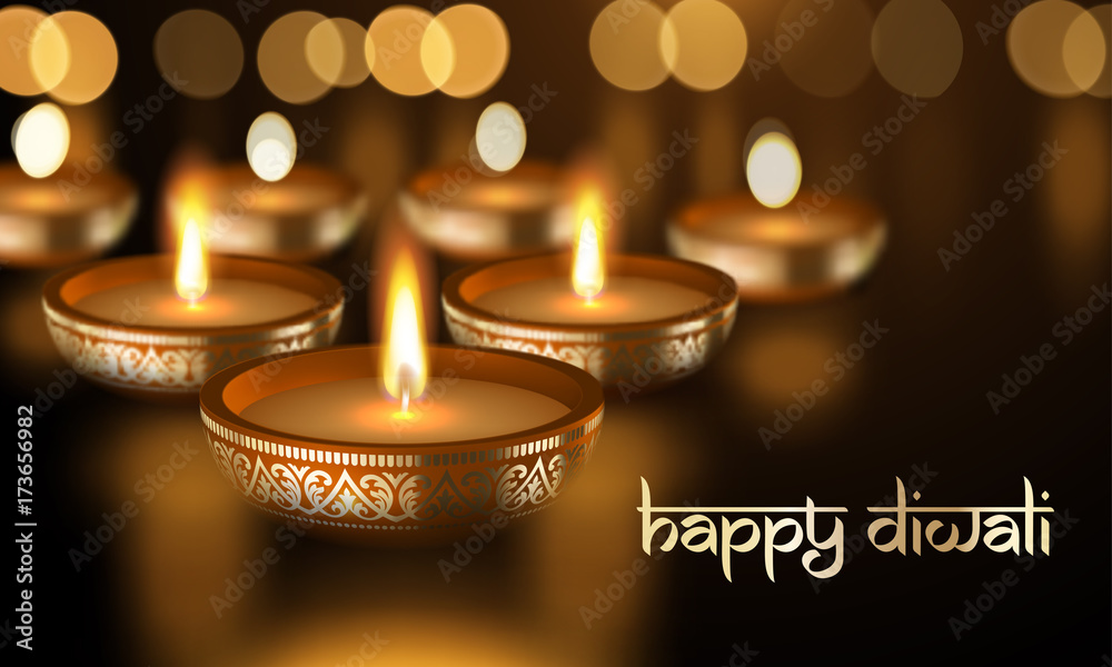 Happy Diwali gold candle light Indian greeting card vector lettering ...