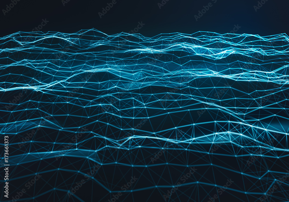Abstract polygonal dark blue terrain low poly background. Connecting dots and lines in triangles ...