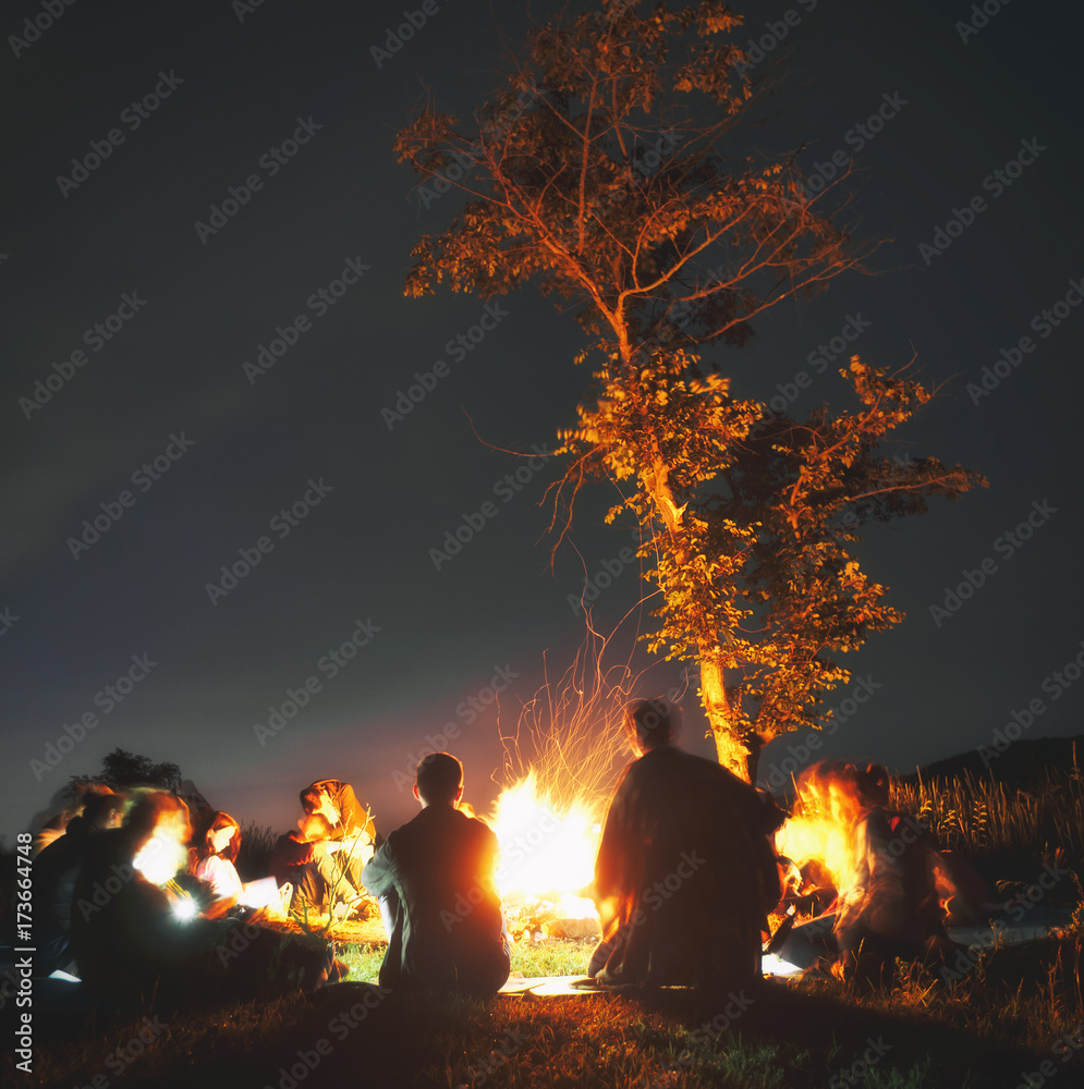 The company of young people are sitting around the bonfire and singing ...