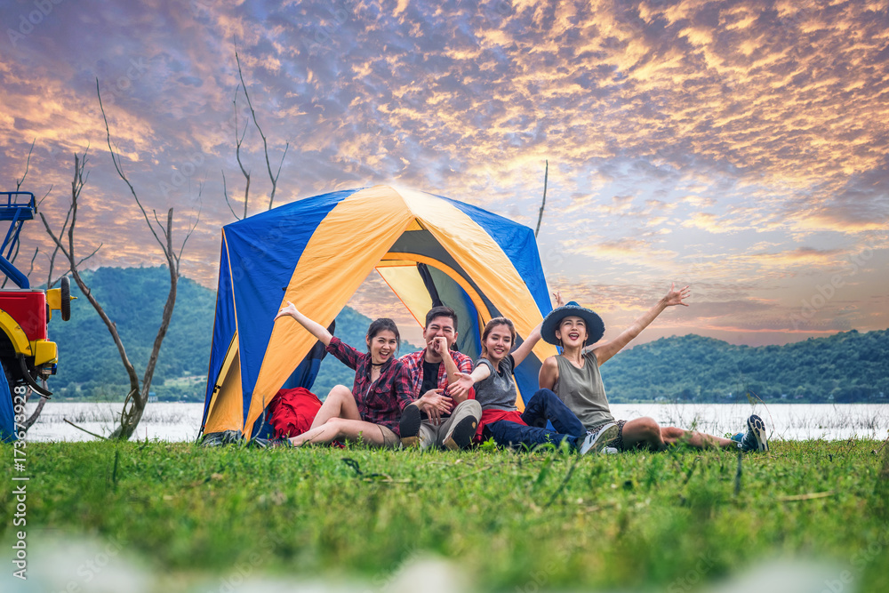 group of adventure tourist camping cheerful and enjoy together by take ...