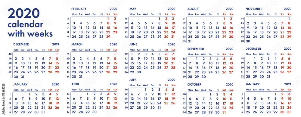 2020 calendar grid with weeks vector illustration Stock Vector | Adobe ...