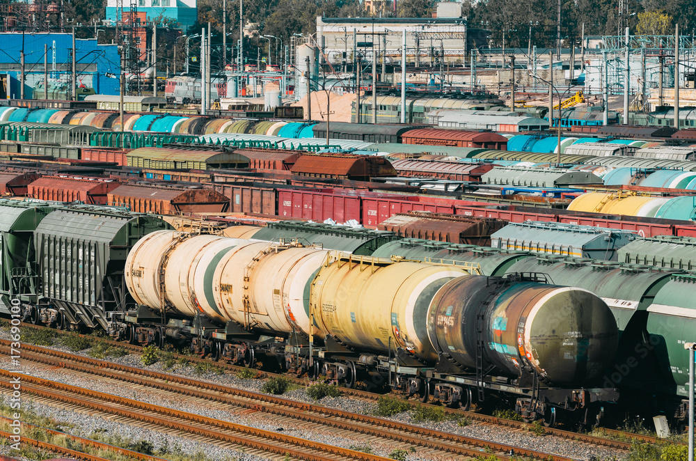 Cargo train cars wagons platform with container Stock Photo | Adobe Stock