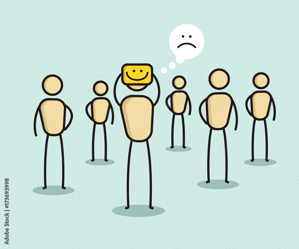 Depressed cartoon character hiding his true feelings. Vector ...