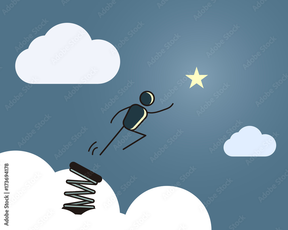 Stick figure jumping in the sky ready to reach the star. Vector ...