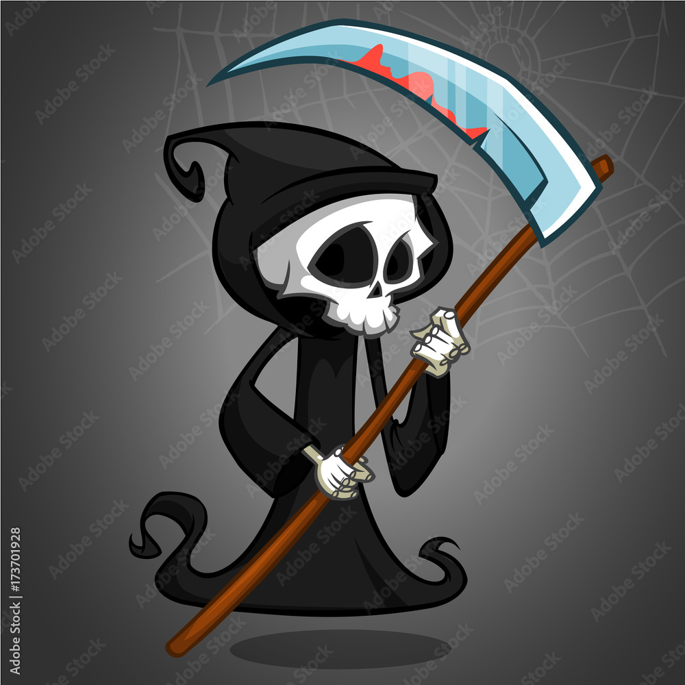Cute cartoon grim reaper with scythe isolated on white. Vector ...