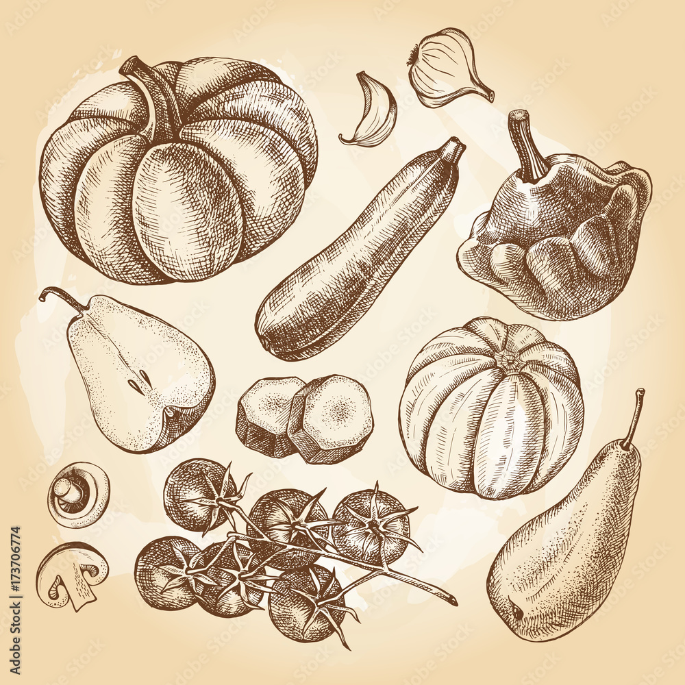 Ink hand drawn set of vegetables and fruits - cherry tomatoes, zucchini ...