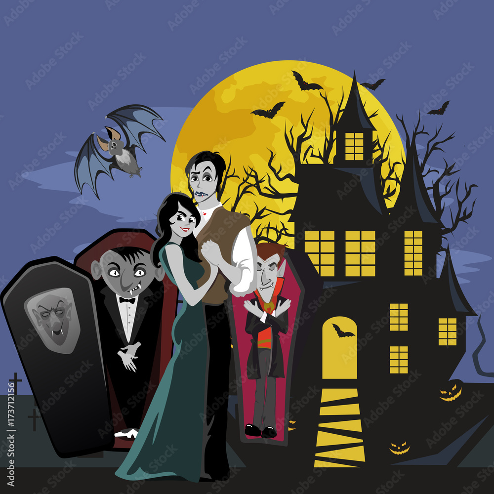 halloween gothic party with vampire couple, fun background for horror ...