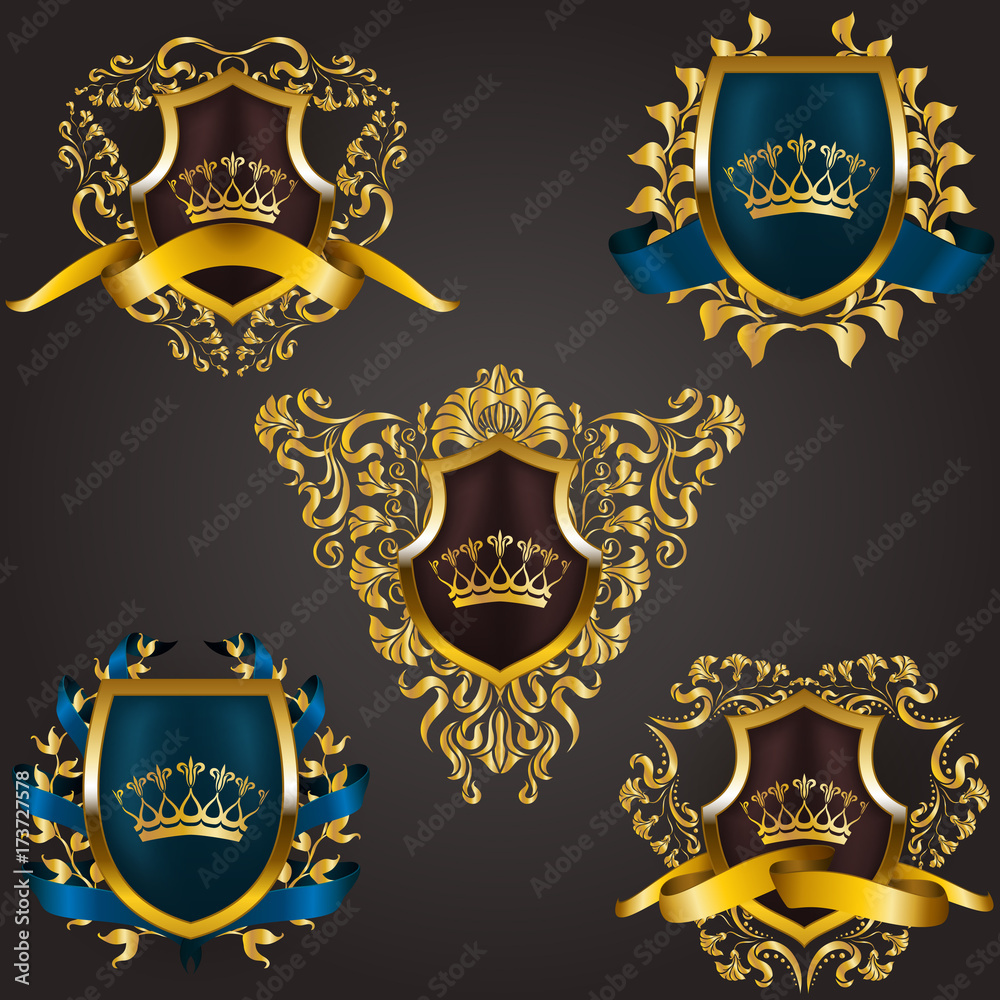 Set of golden royal shields with floral elements, ribbons, laurel ...