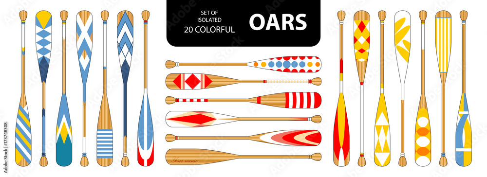 Poster Set of isolated 20 cute colorful oars in red, blue, yellow tone ...