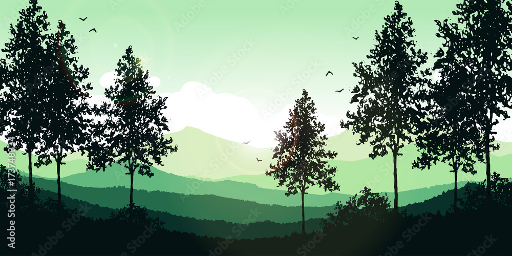 hand drawn vector lanscape with trees on first view and mountains ...