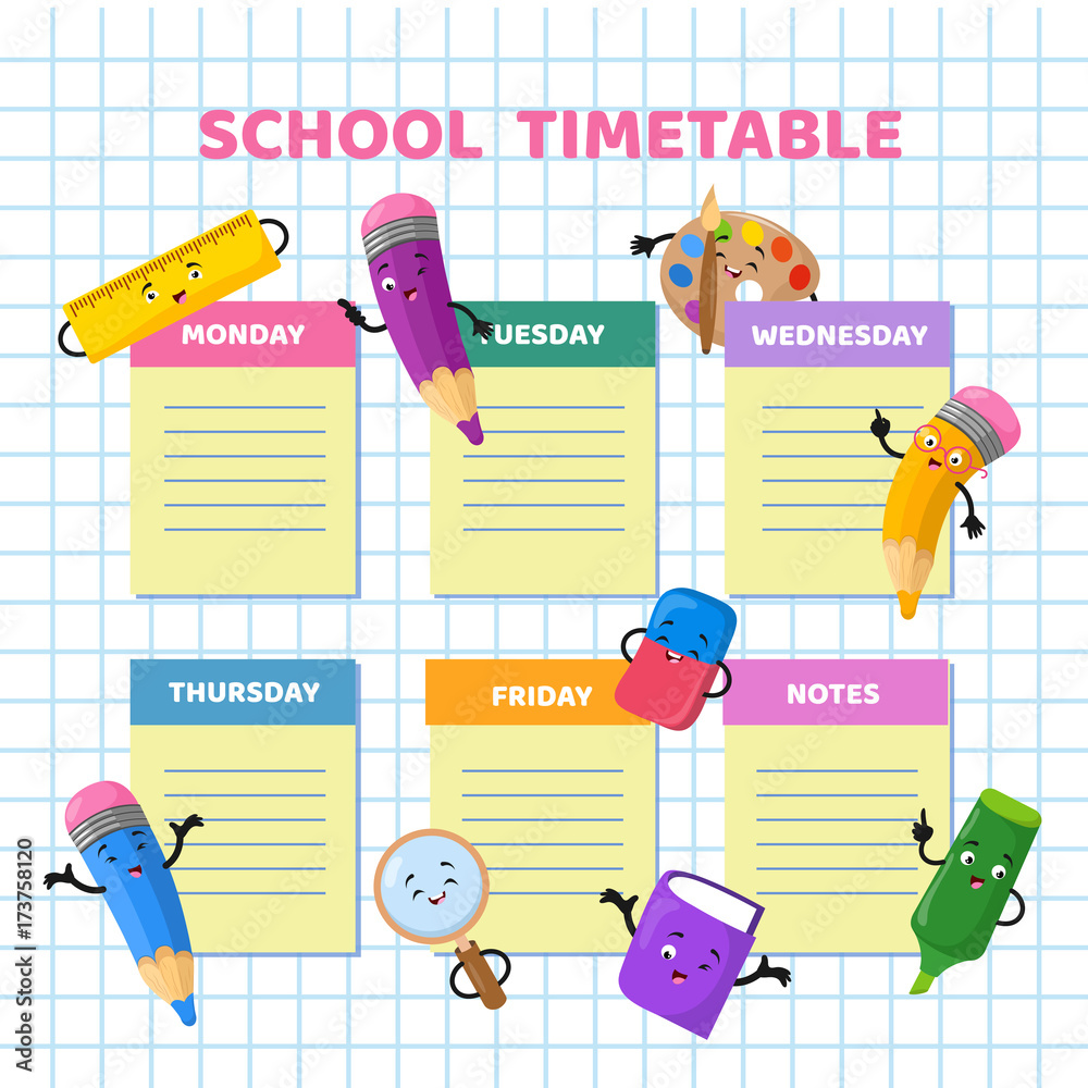 School timetable with funny cartoon stationery characters. Children ...