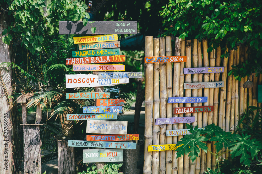 Many signposts with direction and distance Stock Photo | Adobe Stock